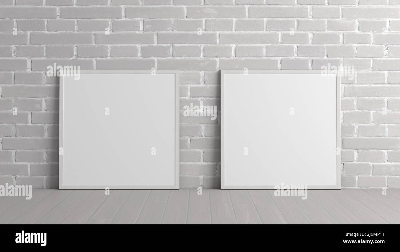 Mock up of two square frames on the floor in white interior. 3d render ...