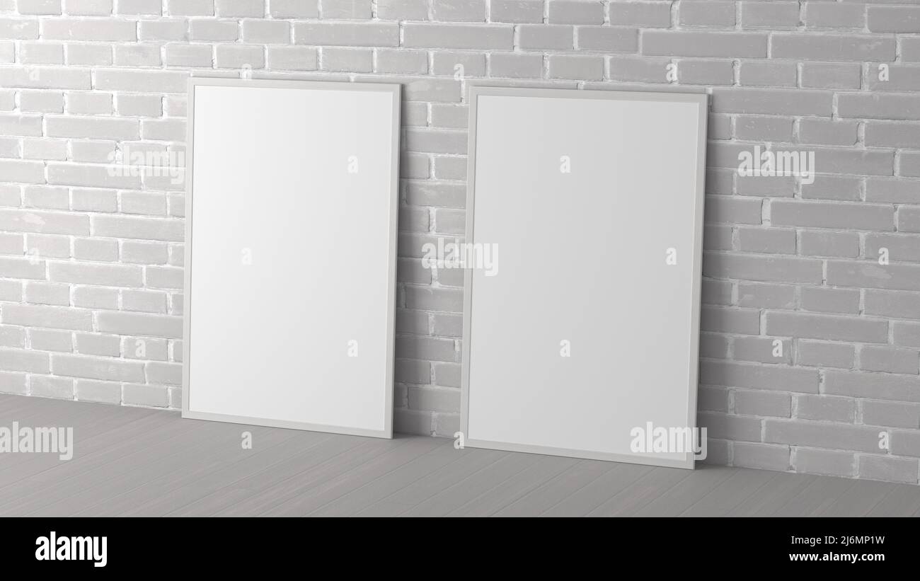 Mock up of two vertical frames on the floor in white interior. 3d ...