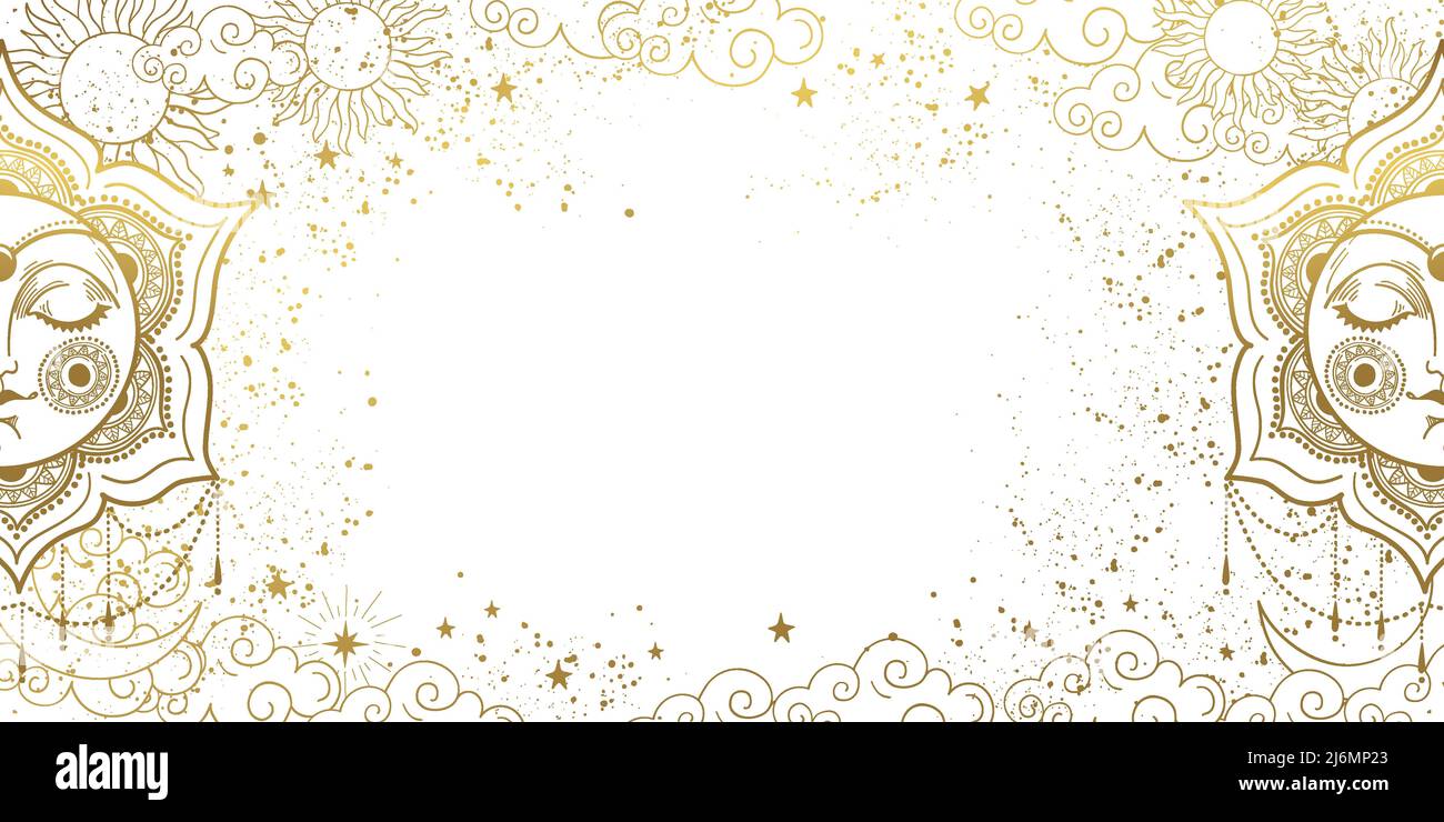 White magic background with sleeping golden sun with face, space decor ...