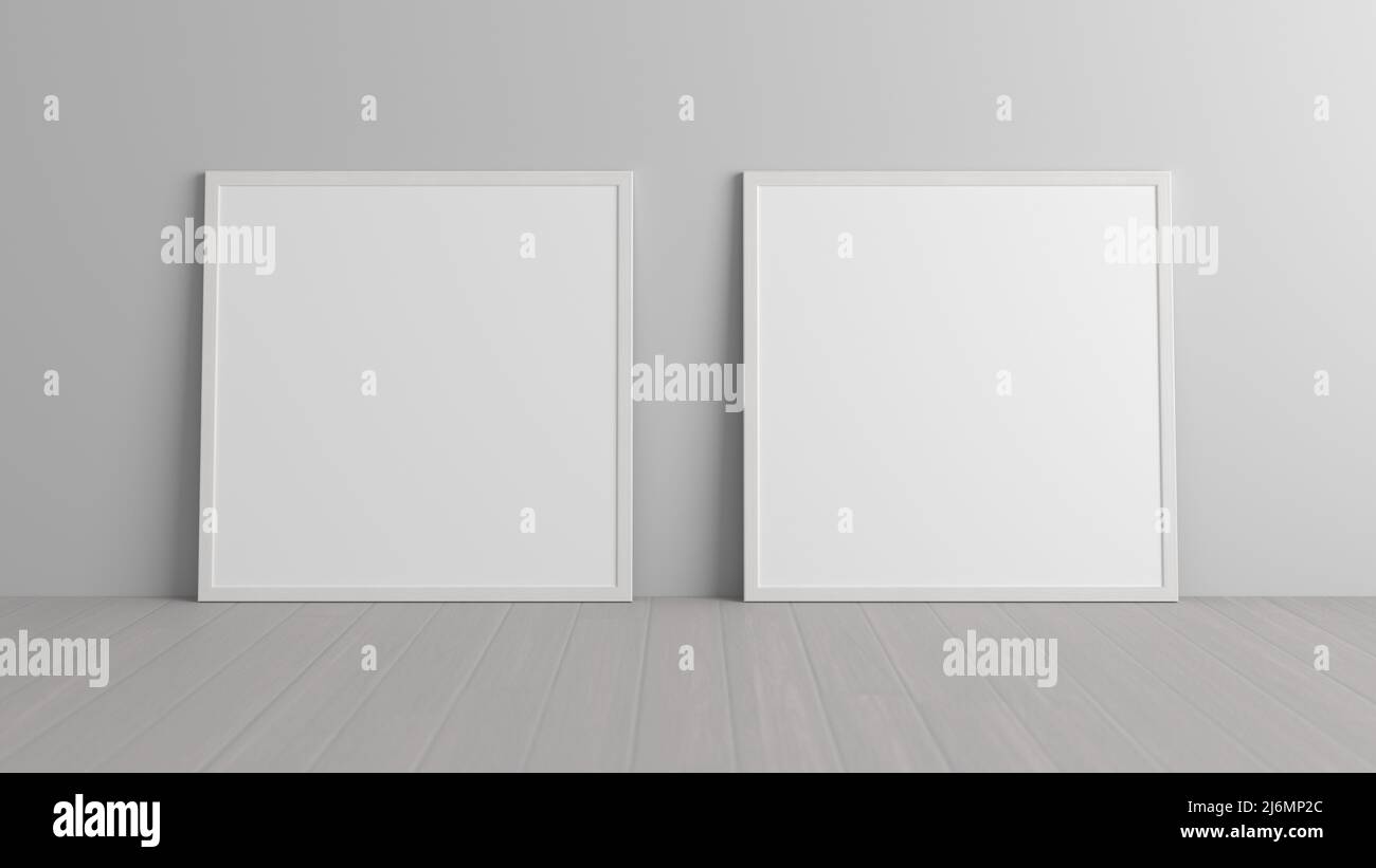 Mock up of two square frames on the floor in white interior. 3d render ...