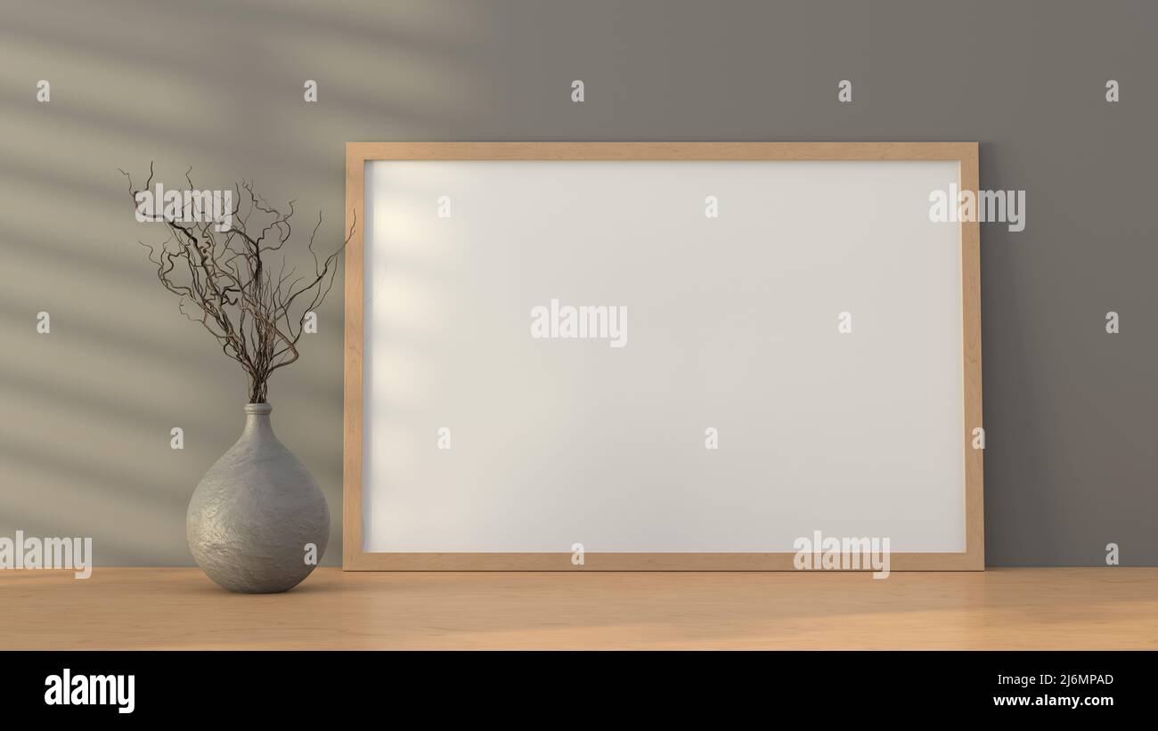 horizontal wooden frame mock up on wooden shelf ot desk and gray wall ...