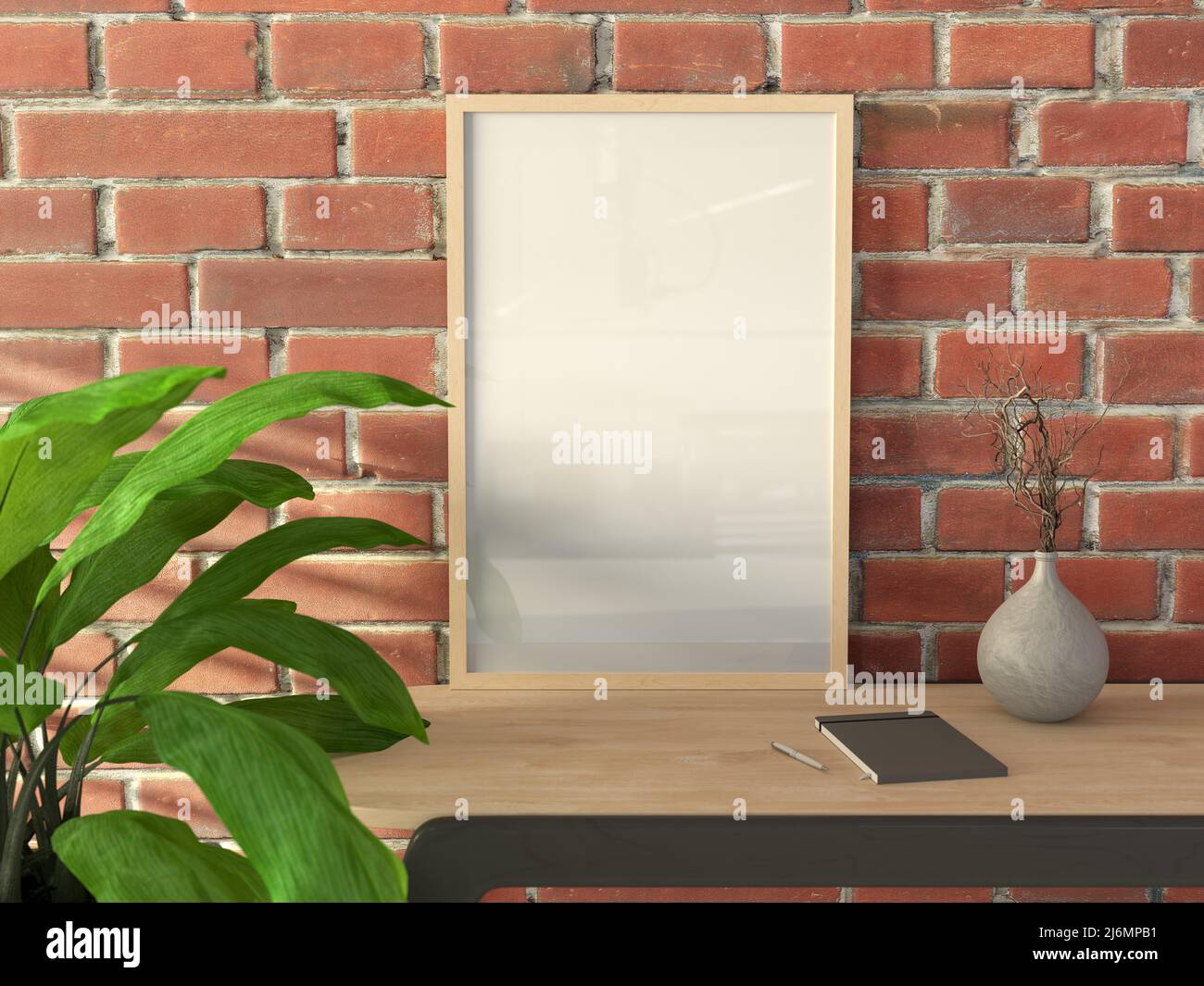 Vertical wooden frame mock up on wooden desk and red brick wall. 3d render Stock Photo - Alamy