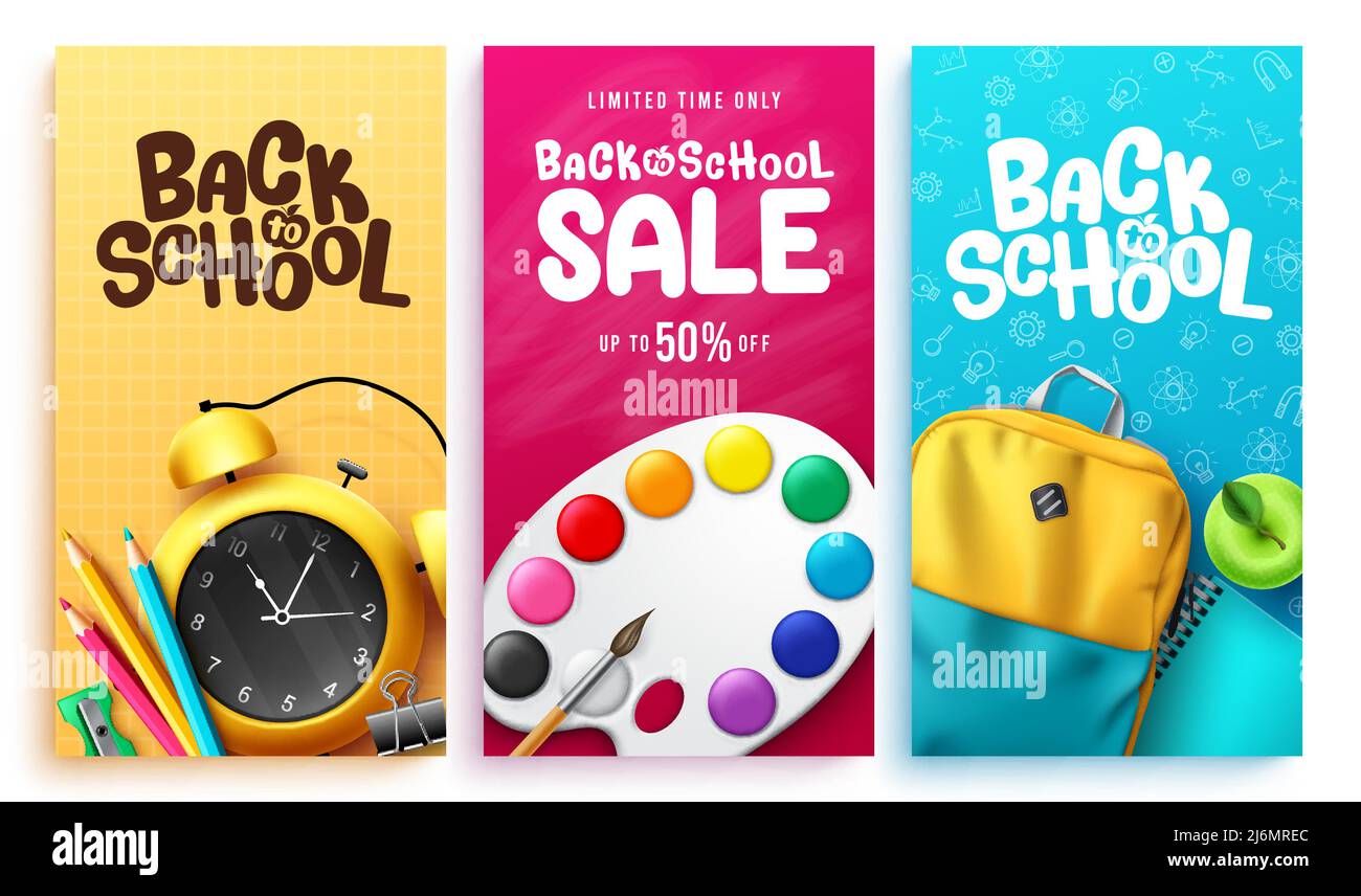 Back to school vector poster set. Back to school sale text with alarm ...