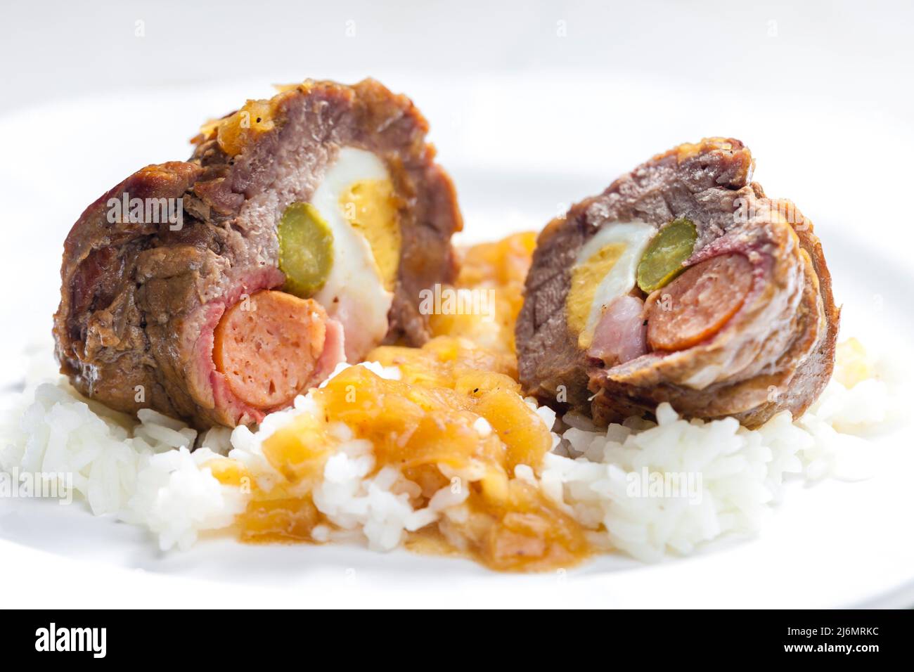 beef roulade filled with egg, sausage, bacon and prickle served with ...
