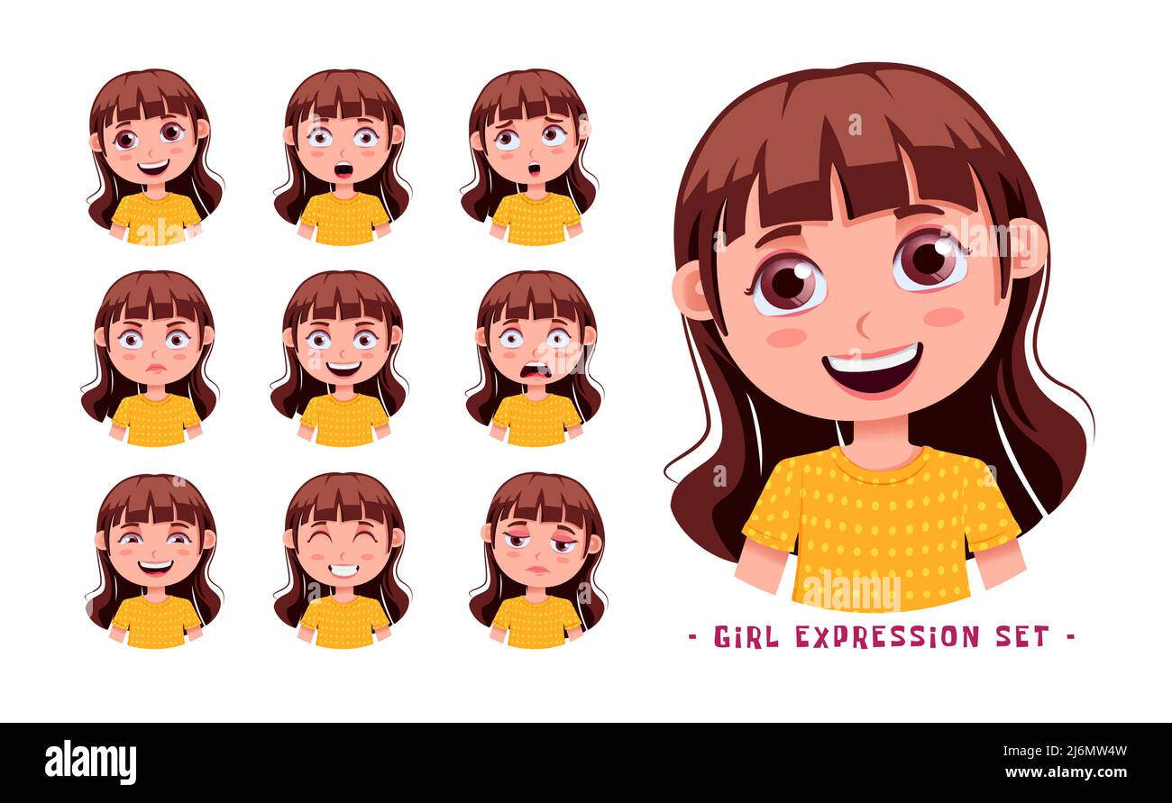 Girl kid student vector characters set design. School girls expression ...