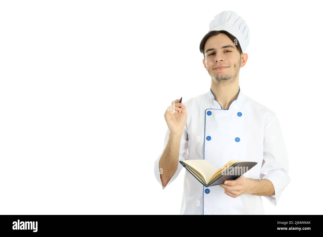 Concept of cooking, young man chef isolated on white background Stock ...