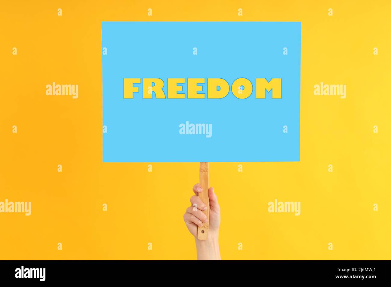 Female hand holds protest sign with text Freedom on yellow background ...