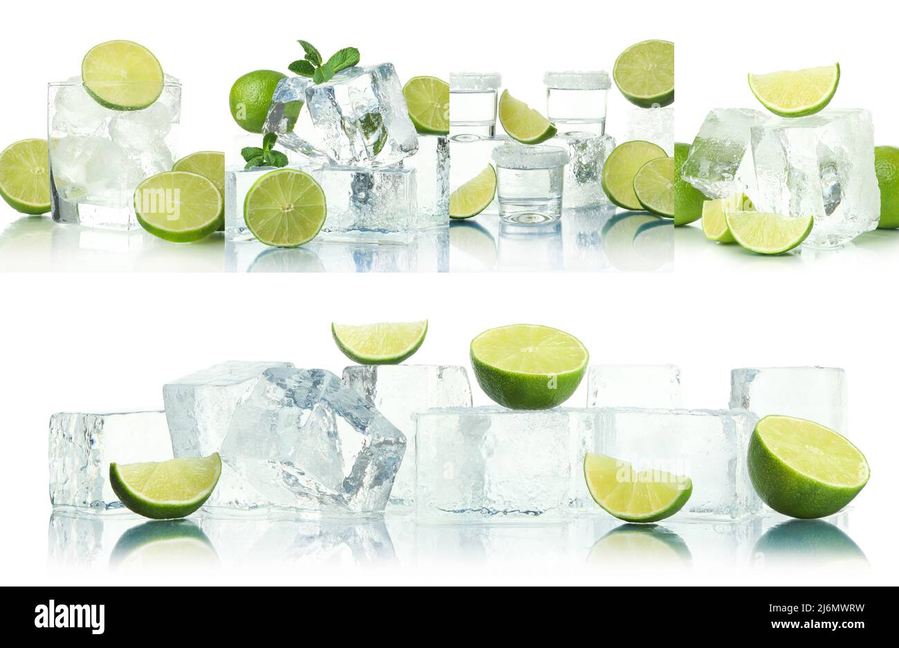 Collage of ice, glass and shots with lime isolated on white background ...