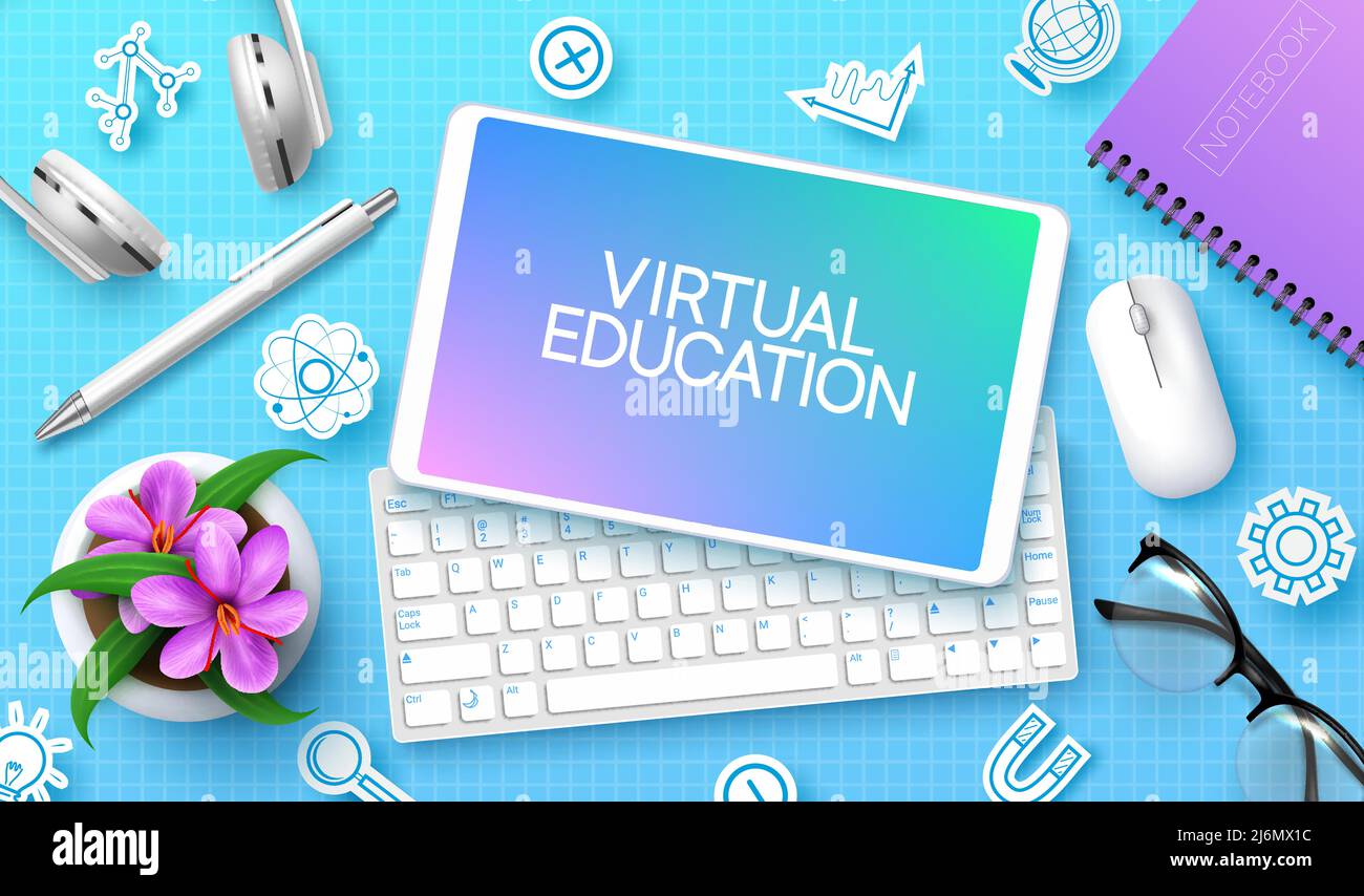 E-learning vector background design. Virtual education text in tablet ...