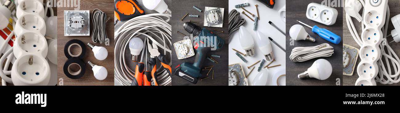 Collage of photos of different electrician tools Stock Photo - Alamy