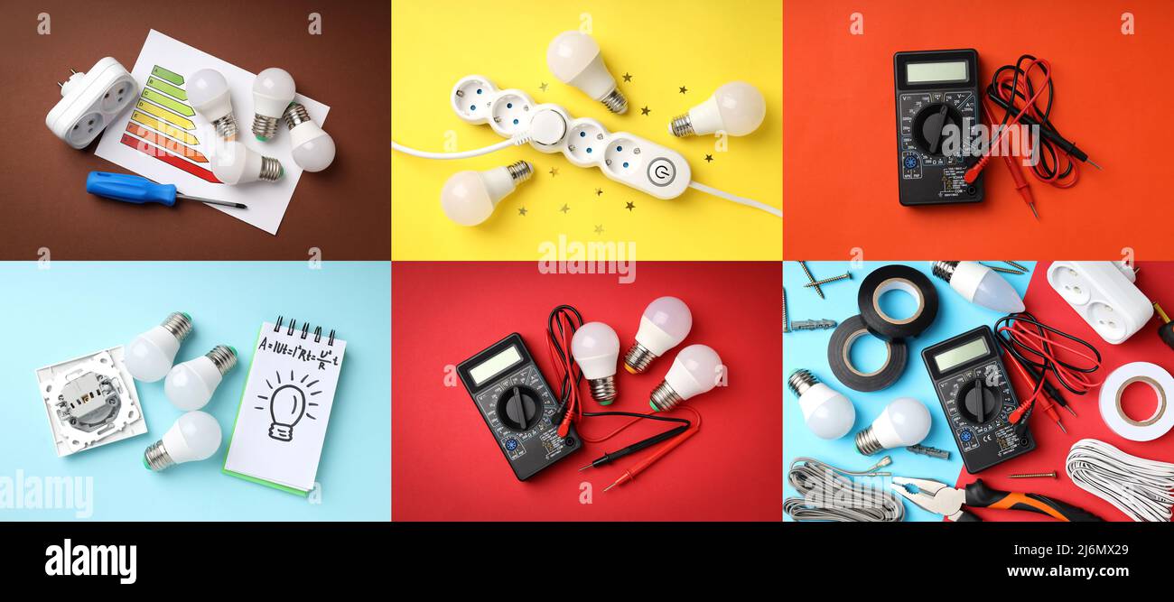 Collage of photos of different electrician tools Stock Photo - Alamy