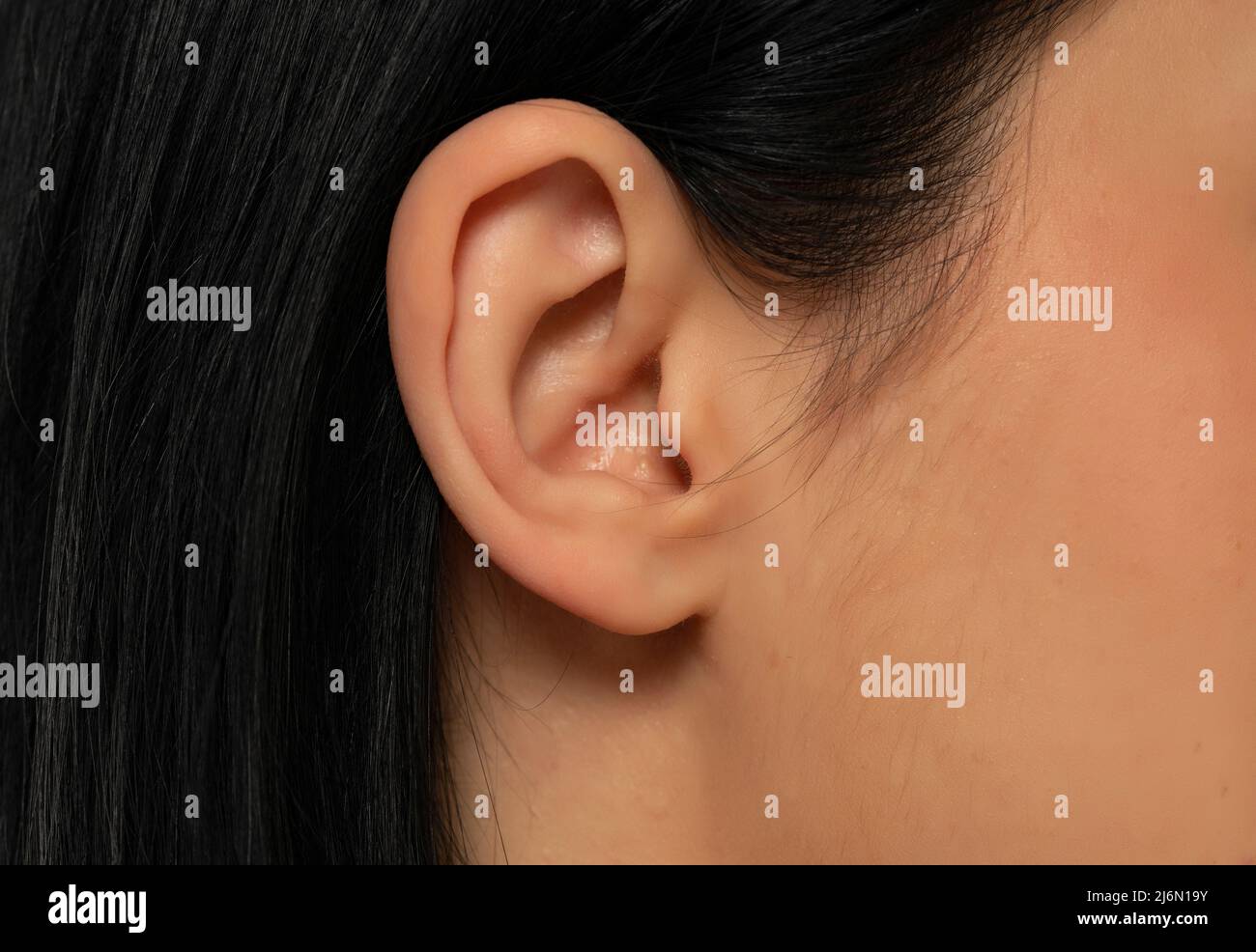 Detail of the head with female human ear and hair close up Stock Photo ...