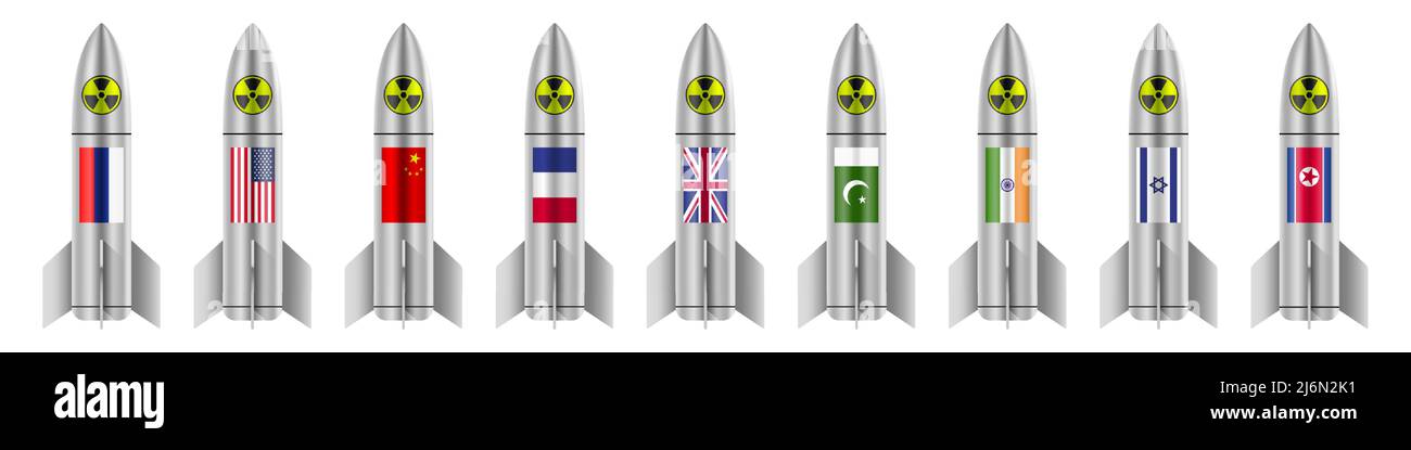 Atomic bombs with flags of nuclear states, vector illustration ...