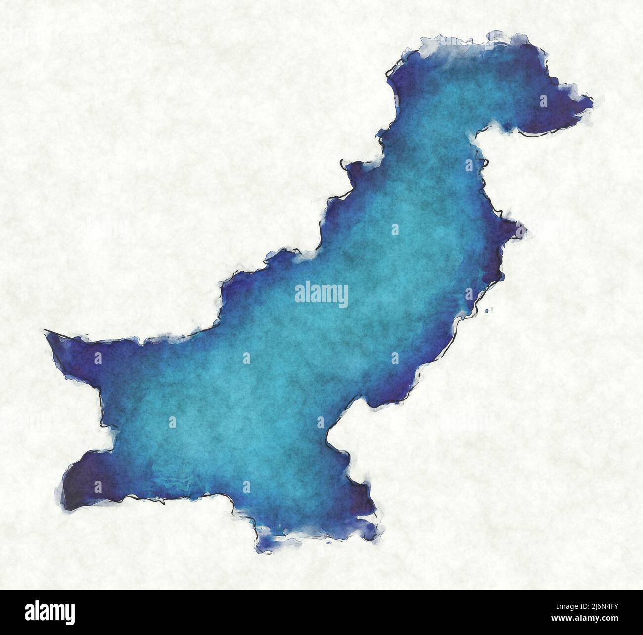Pakistan map with drawn lines and blue watercolor illustration Stock ...