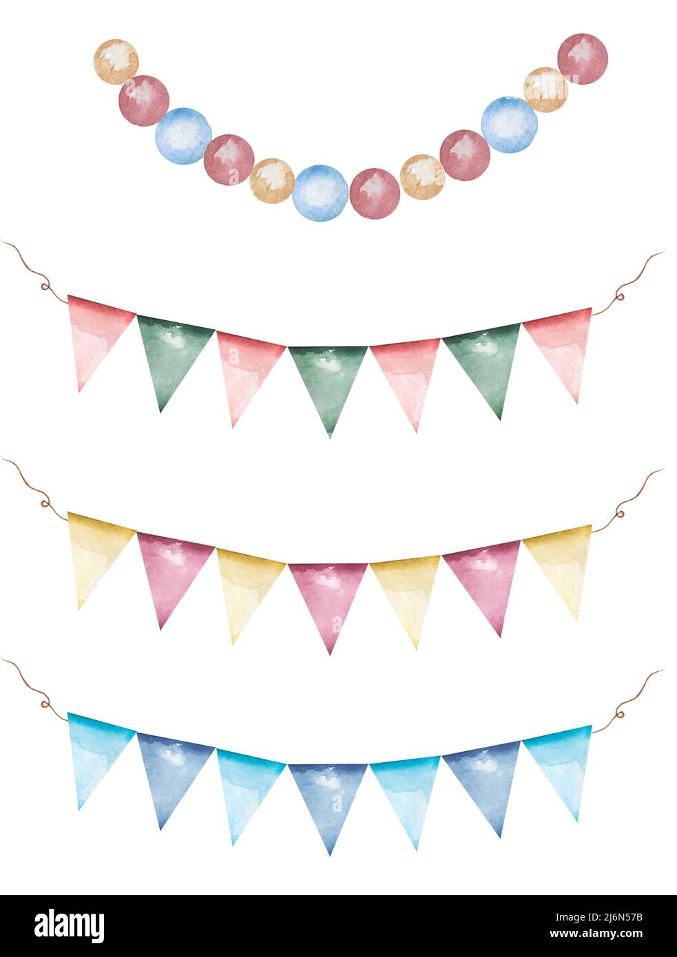 Watercolor party decoration clipart set, colorful flags illustration ...