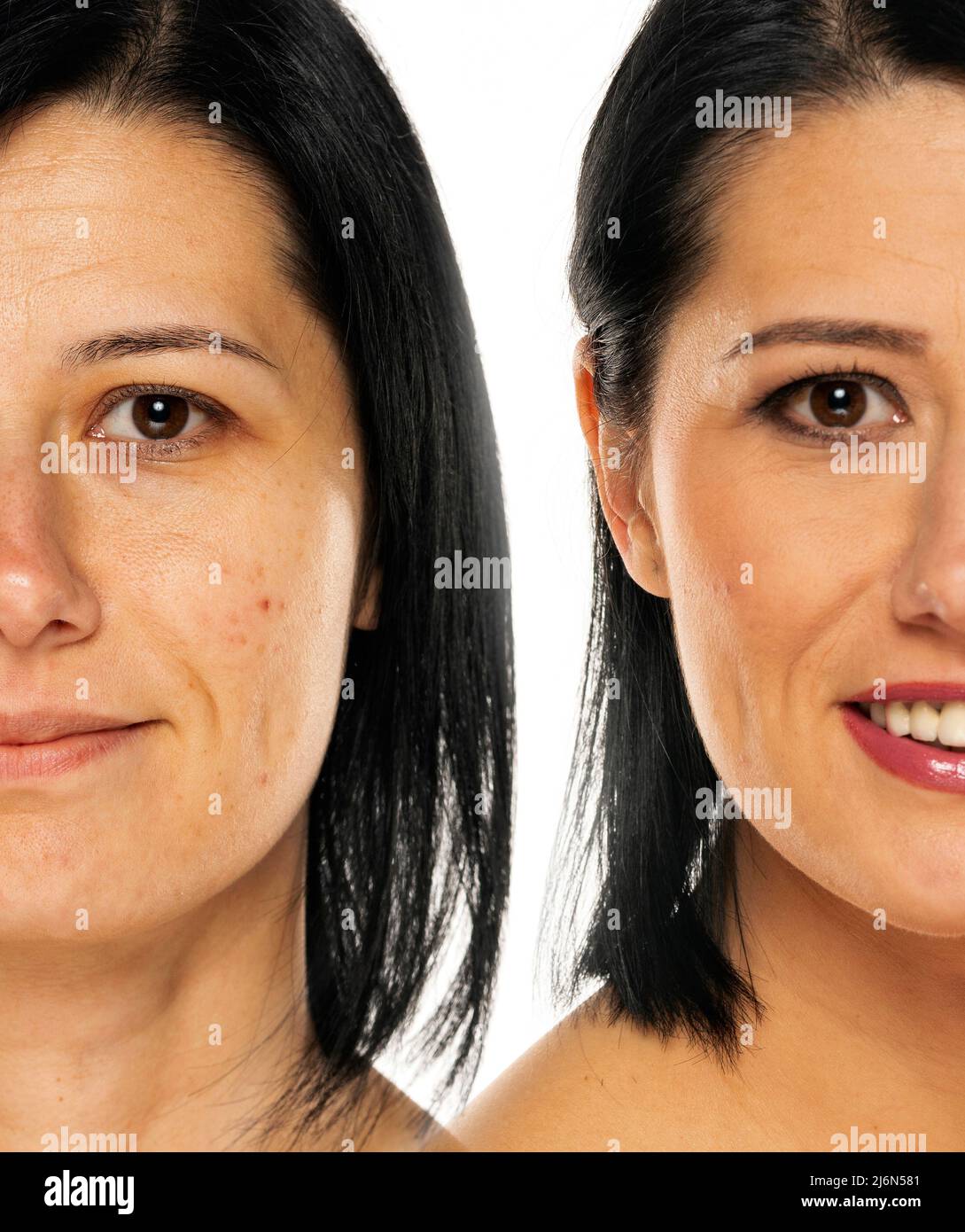 Comparison portrait of a woman without and with makeup on a white ...