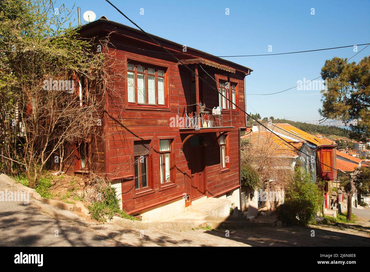 View to the traditional houses with balcony and bay window at the town ...