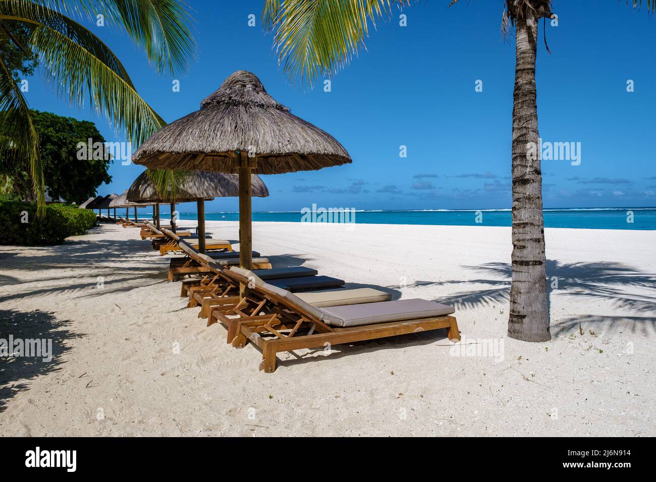 Tropical beach with palm trees and white sand blue ocean and beach beds ...