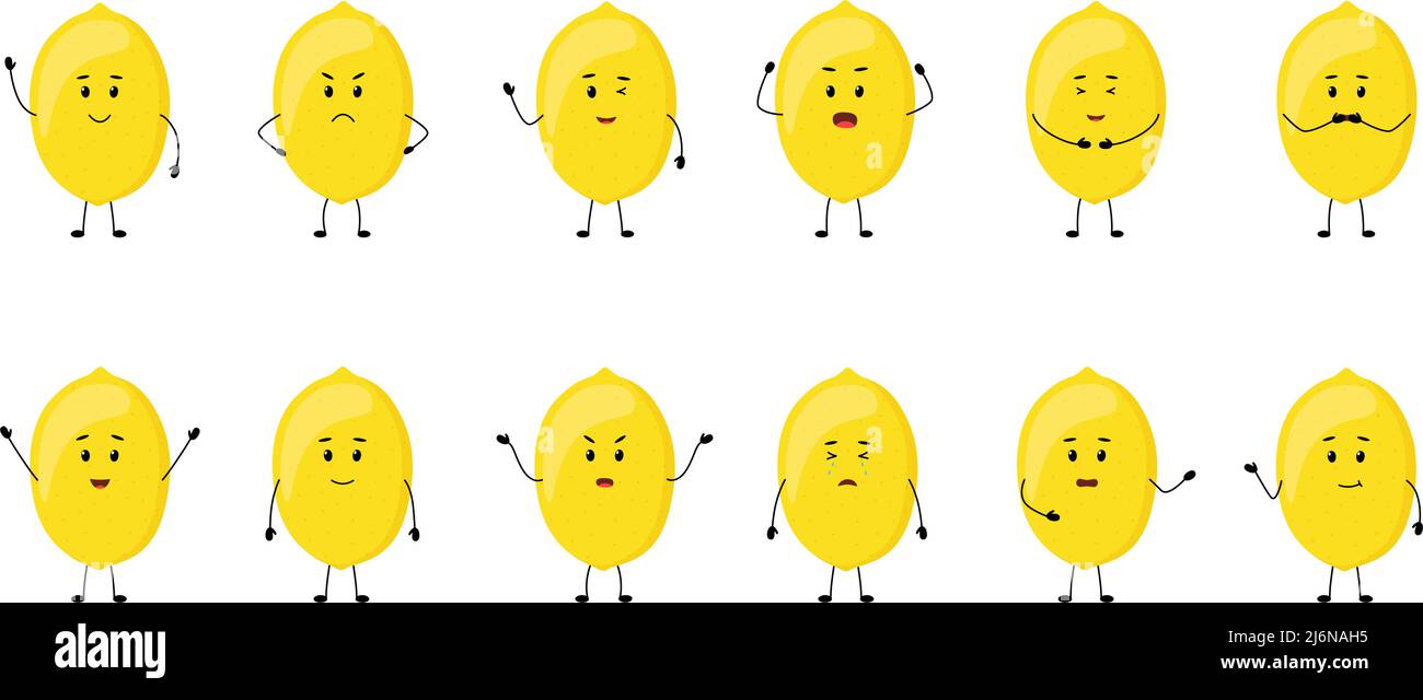 Lemon. Cute fruit characters with different emotions, vector ...