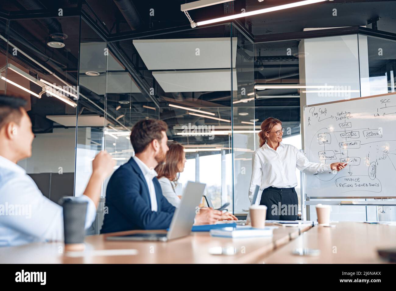 Skilled smiling female leader coaching interested business people ...