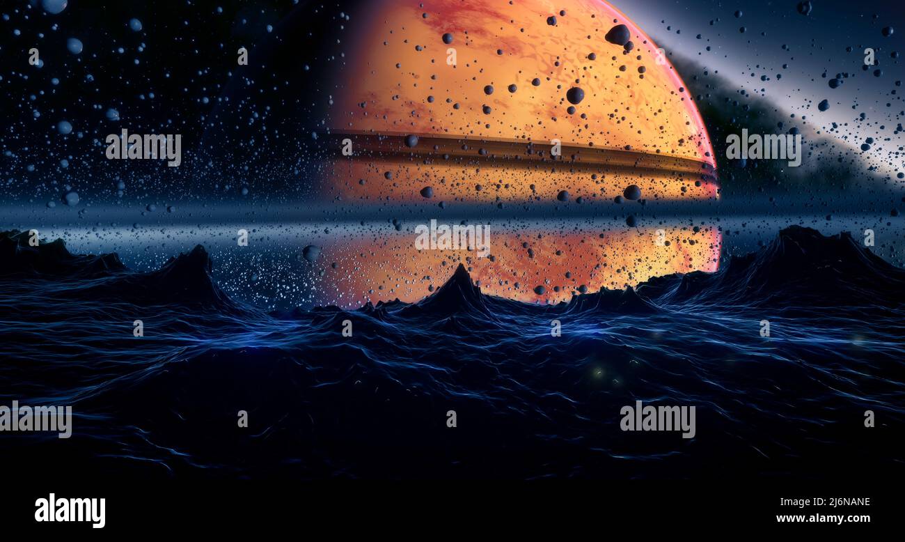 Fantastic space landscape view from surface of planet. Martian surface ...