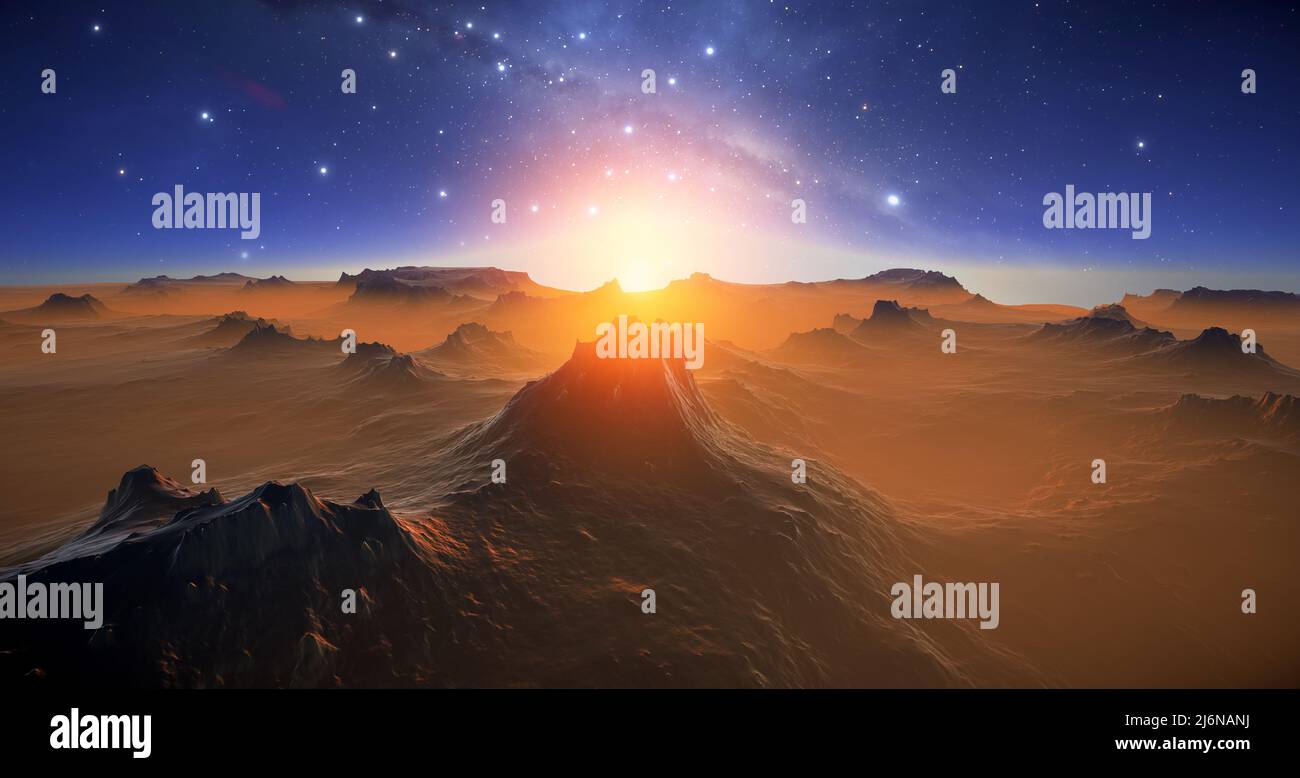 Fantastic space landscape view from surface of planet. Martian surface ...