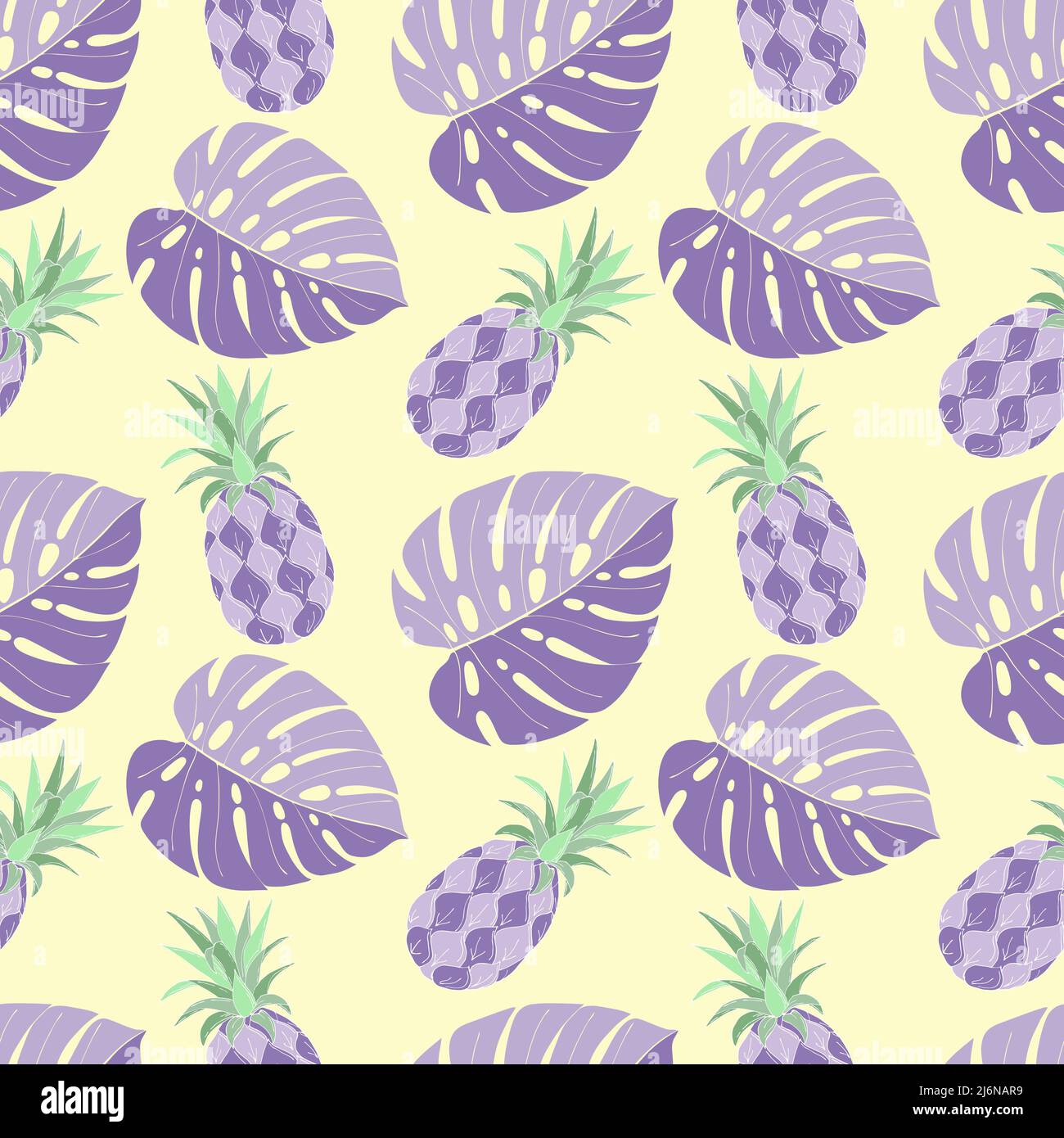 Summer pattern with pineapple doodle and monstera purple violet, yellow ...