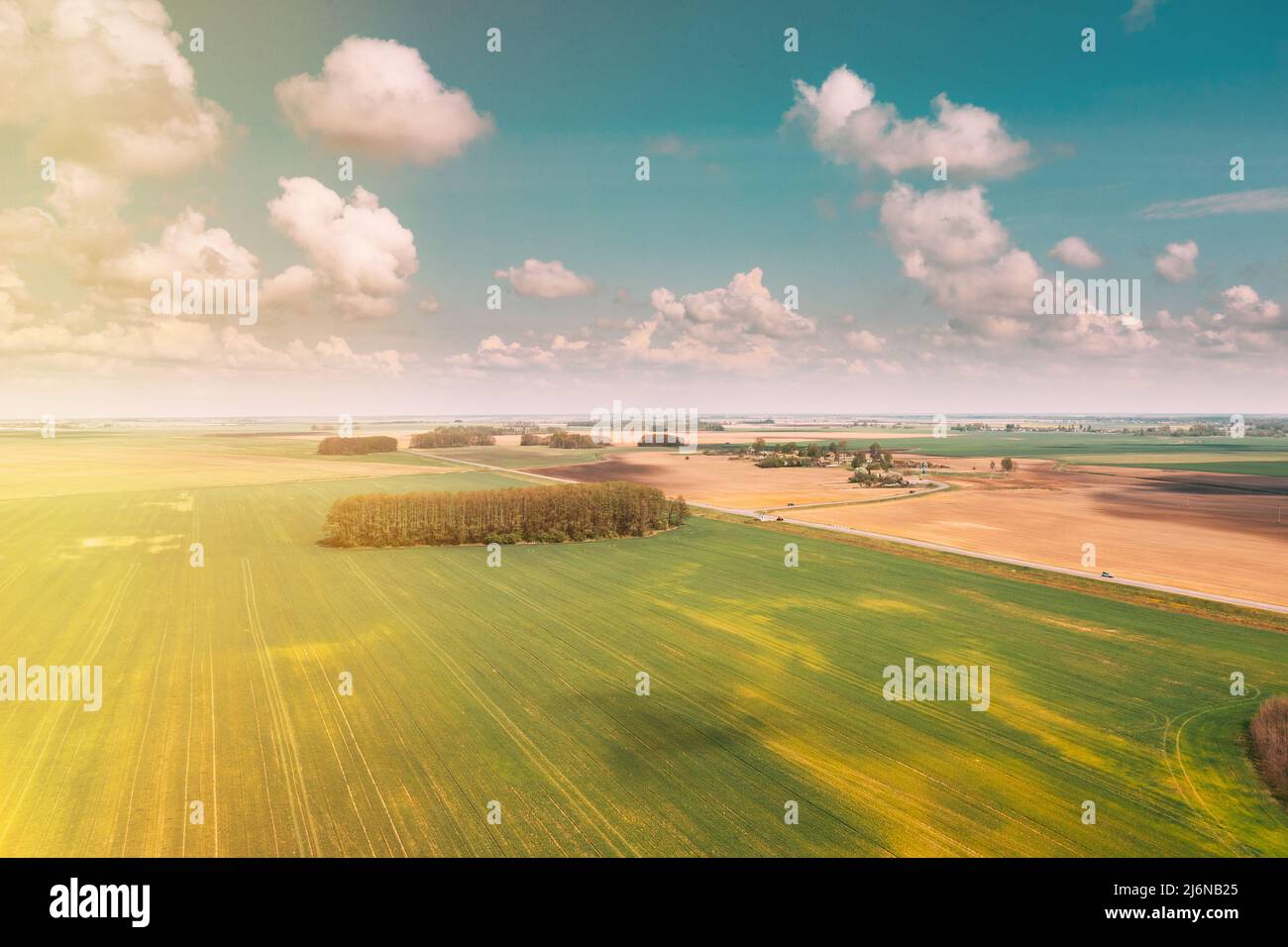 Aerial View Spring Summer Green Field And small Forest Landscape. Top ...