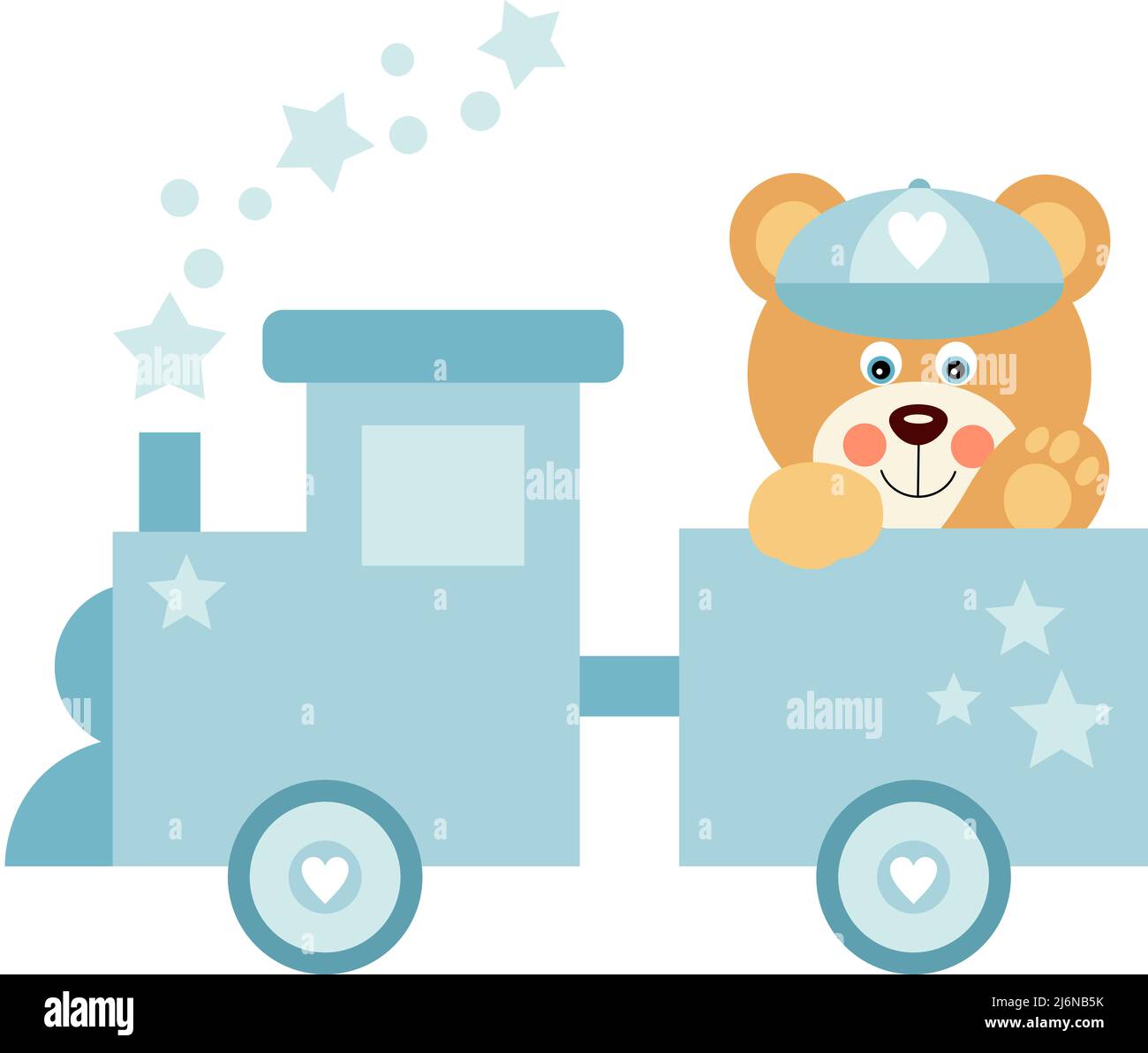 Cute baby boy teddy bear on blue toy train Stock Photo - Alamy