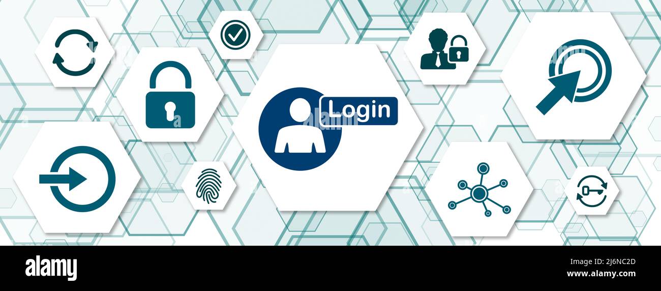 Concept of login with icons on hexagons Stock Photo - Alamy