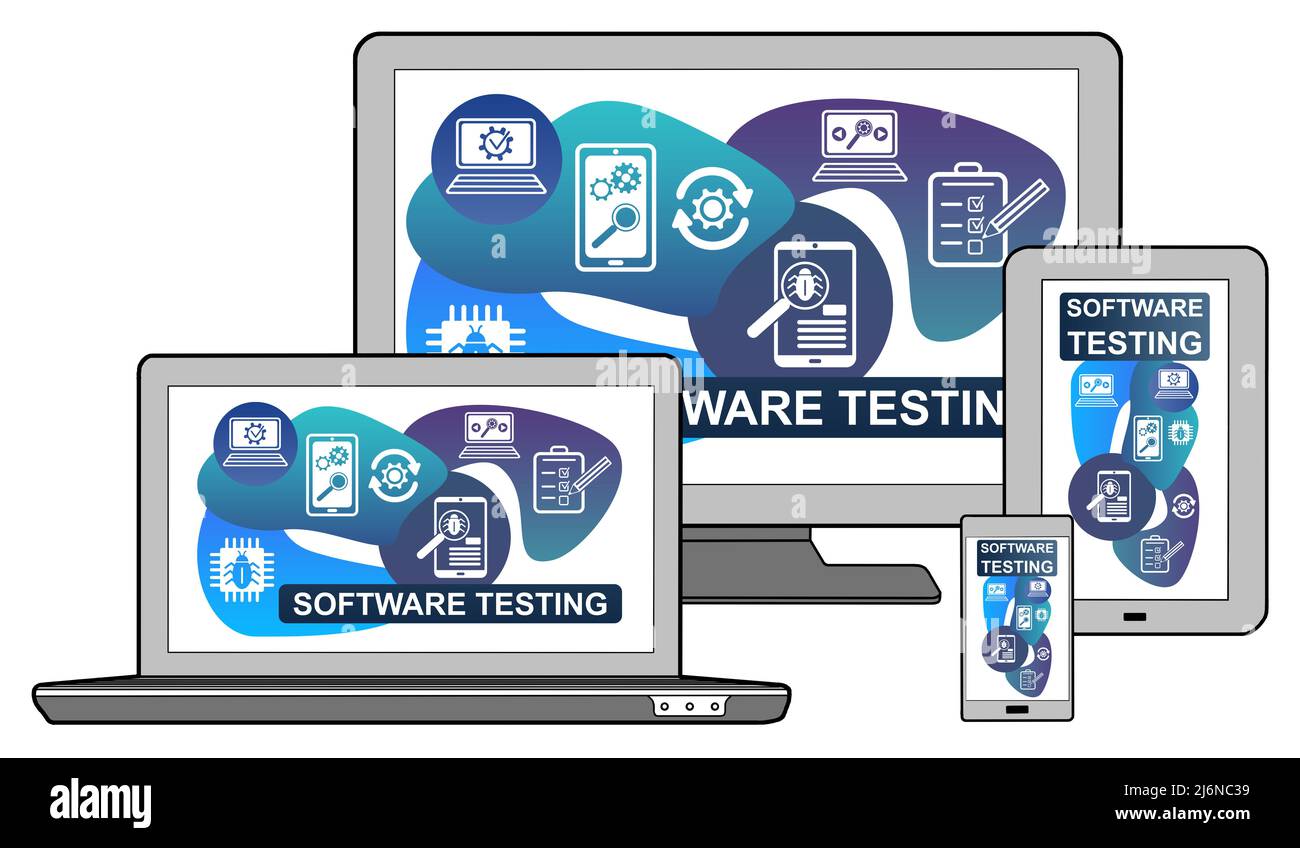Software testing concept on different devices, isolated on white Stock ...