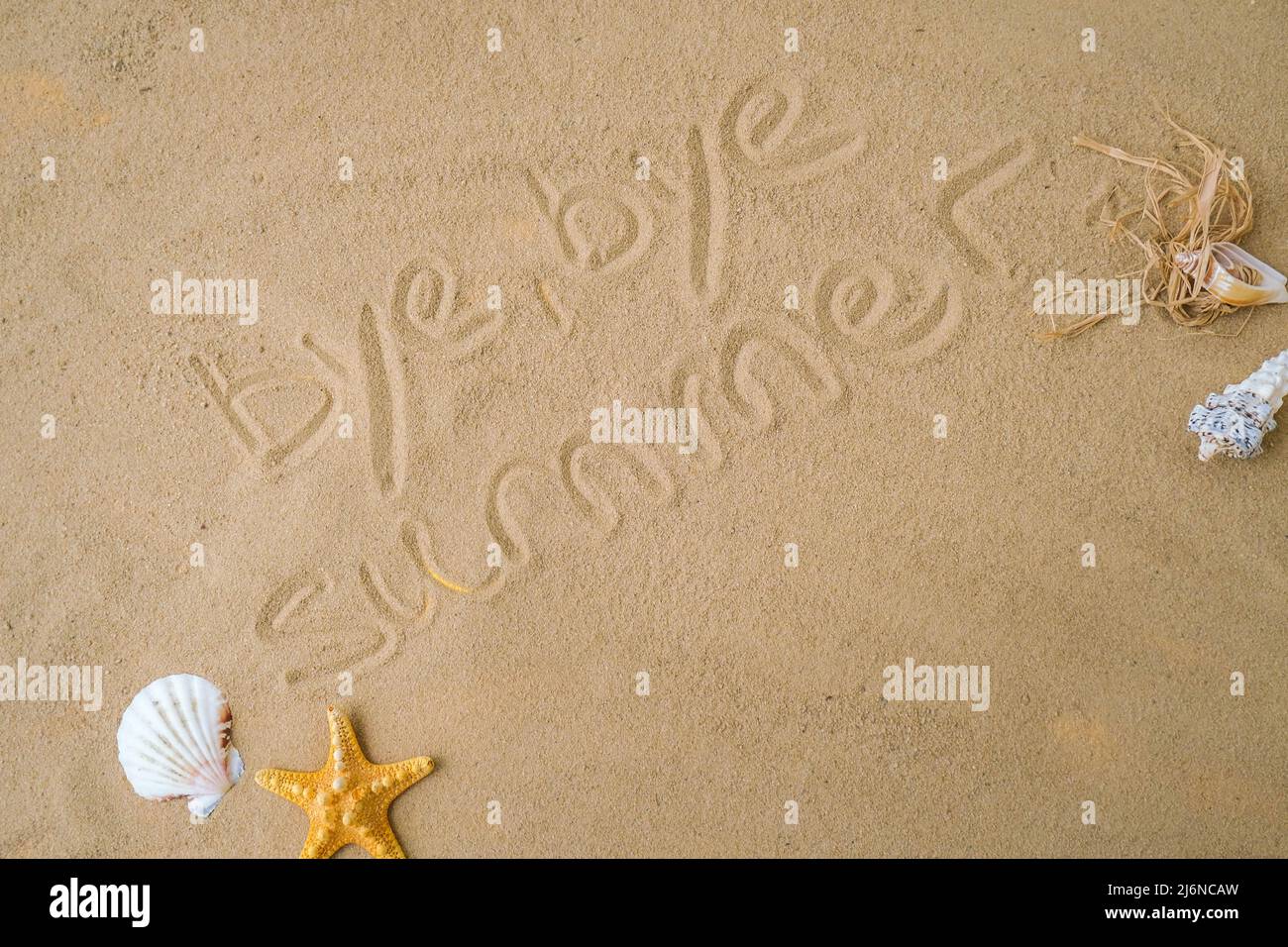 Composition with text BYE BYE SUMMER seashells, pebbles, mockup on sand ...