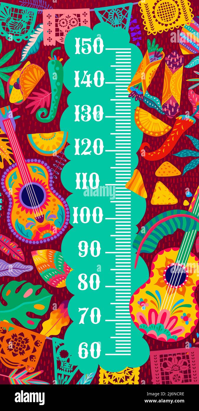 Mexican food and music guitars and papel picado flags, vector kids ...