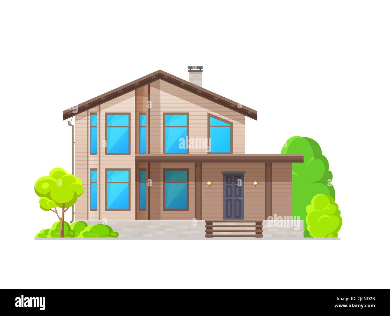 Modern home exterior with covered porch and wood plank facade, vector ...