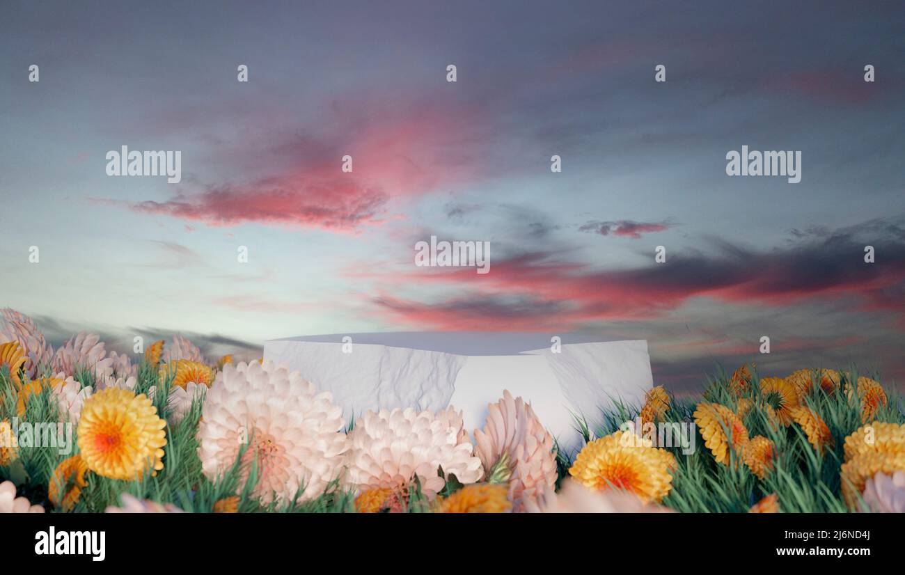 Natural beauty podium backdrop with spring rose flower field scene. 3d ...