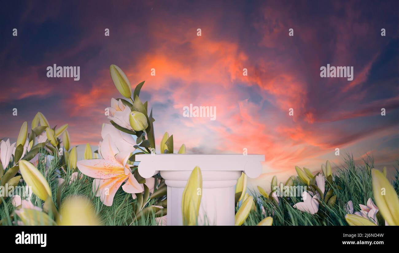 Natural beauty podium backdrop with spring rose flower field scene. 3d ...