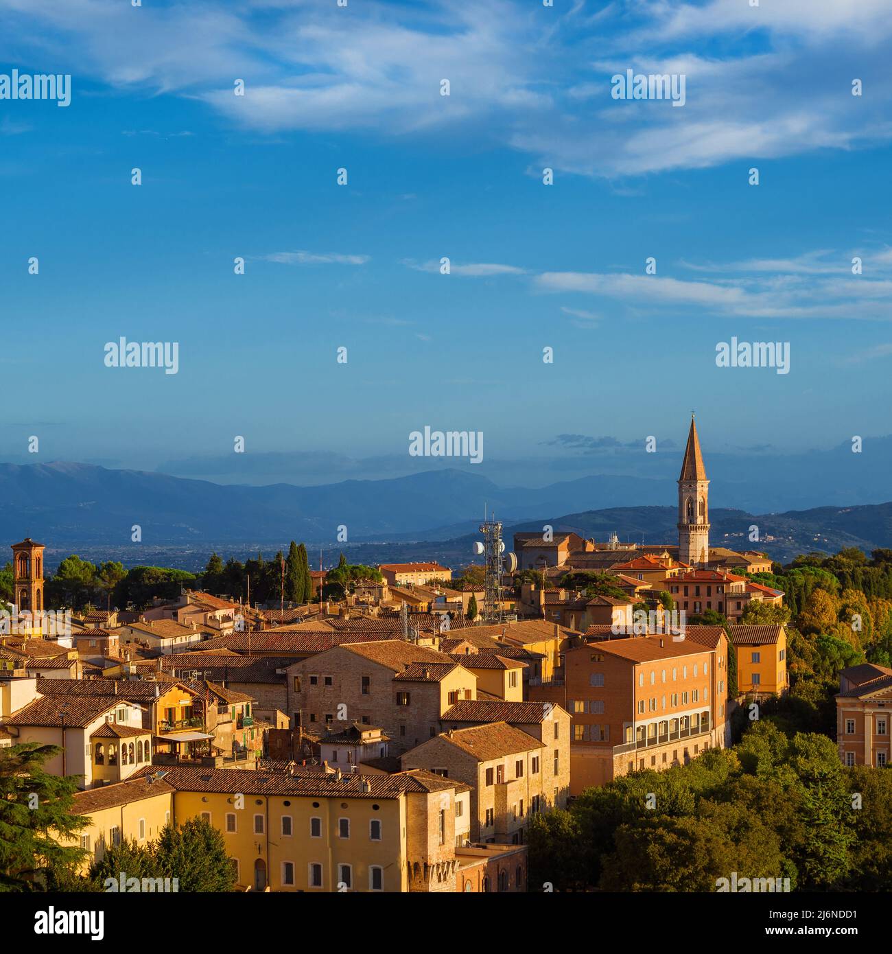 Perugia ancient skyline at sunset with St Peter iconic bell tower Stock ...