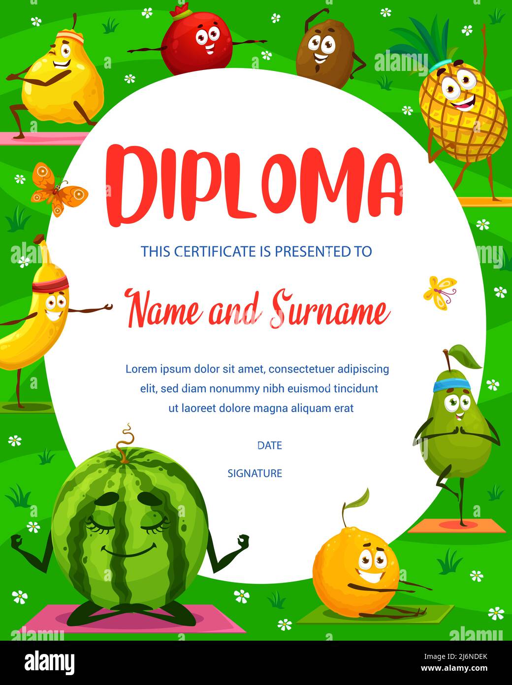 Kids diploma with cartoon kiwi, banana, pear and lemon, pineapple and ...