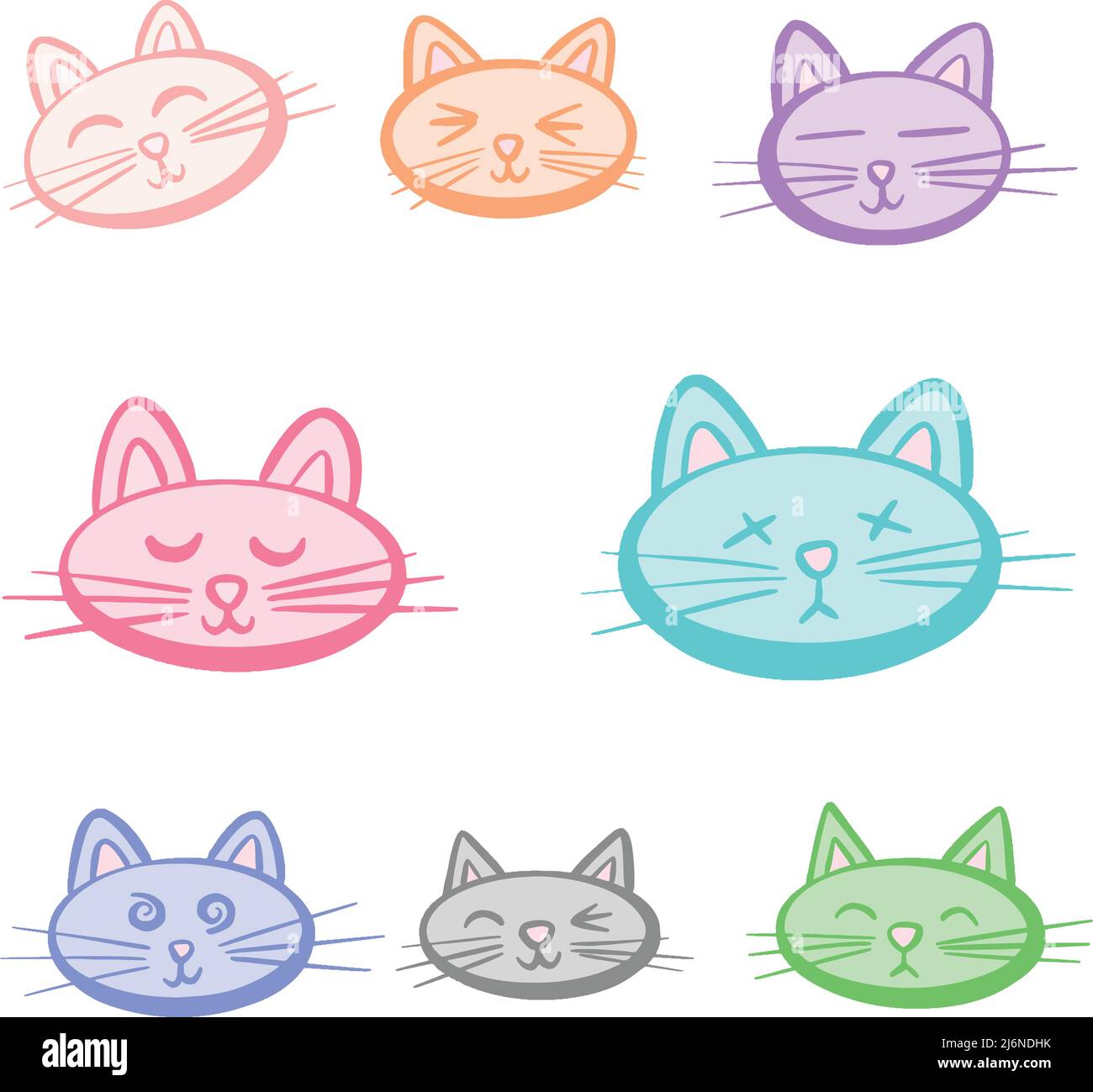 Cute Cartoon Kitten Cat Faces Kawaii Style Design in Vector Stock ...