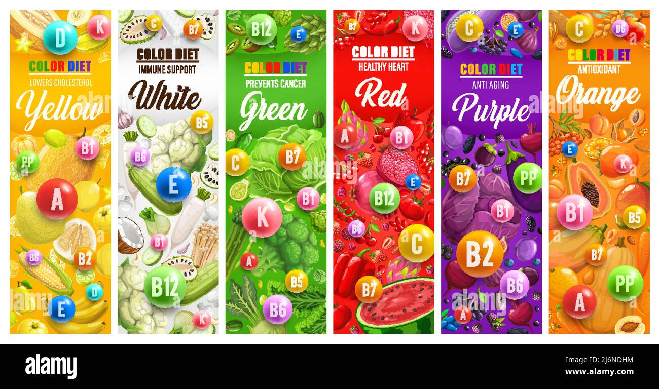 Color rainbow diet vector banners. Vitamins, fruits and vegetables of ... Color rainbow diet vector banners. Vitamins, fruits and vegetables of ...