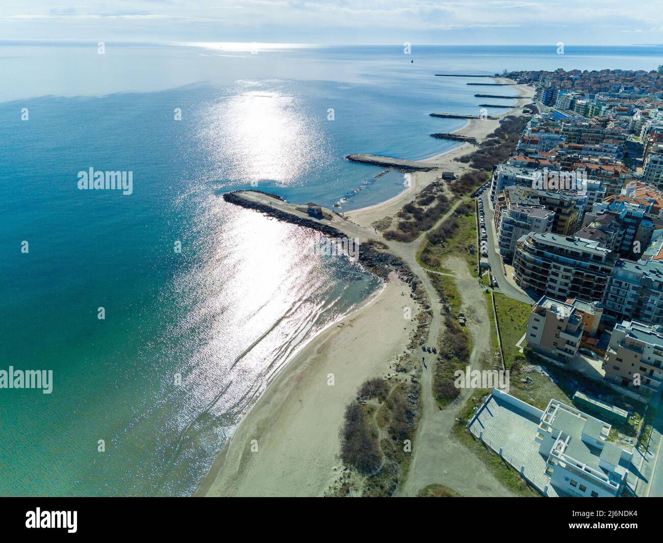 Panoramic bird's eye view over small ancient resort town of Pomorie ...