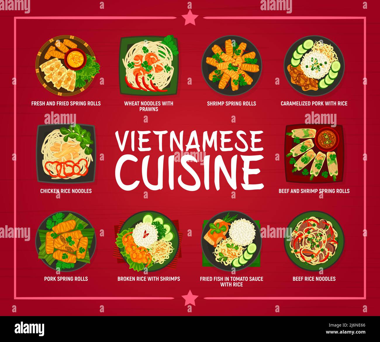 Vietnamese cuisine menu page. Wheat noodles with prawns, broken rice ...