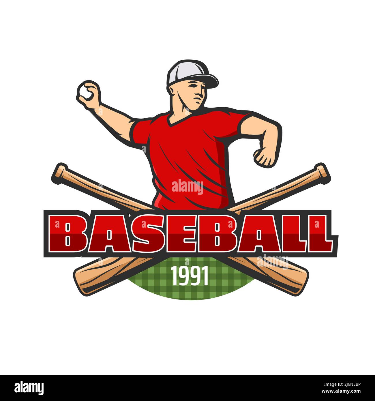Baseball sport icon with pitcher player throwing ball and crossed bats ...