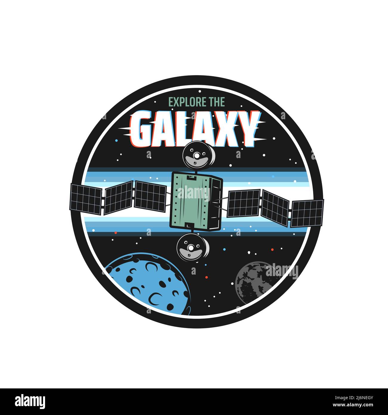 Satellite icon, orbital station and space planets in galaxy, vector ...