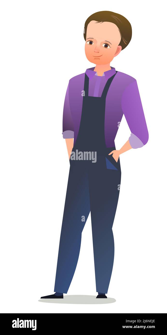 Little boy craftsman. Teen in apron. Master in workwear. Cheerful ...