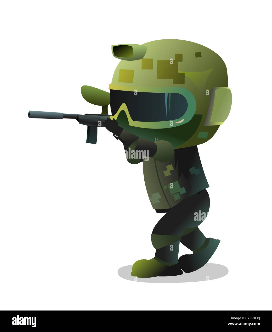 Warrior paintball player goes during fight. Comic funny character ...