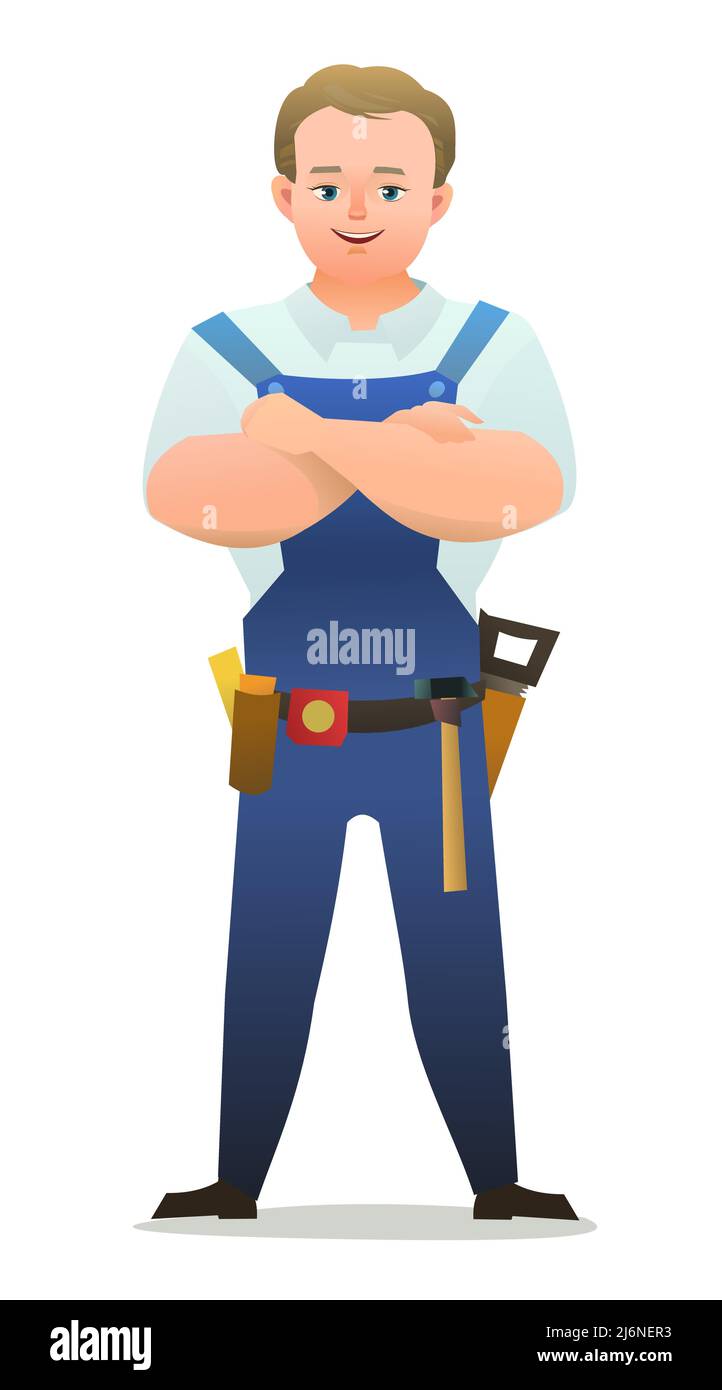 Little boy craftsman. Teen in apron. Master in workwear. Cheerful ...