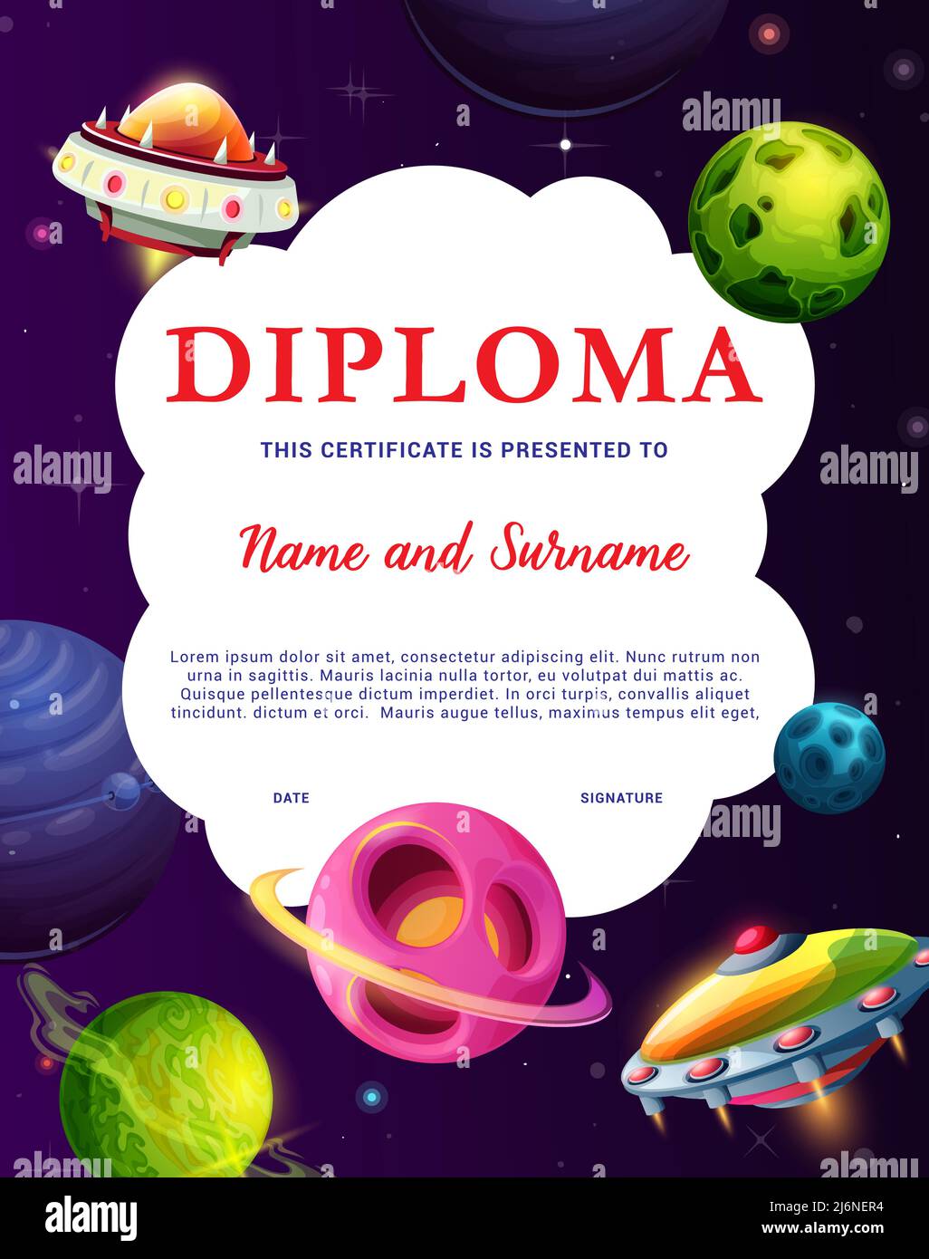 Ufo in fantastic universe galaxy between space planets, kids diploma ...