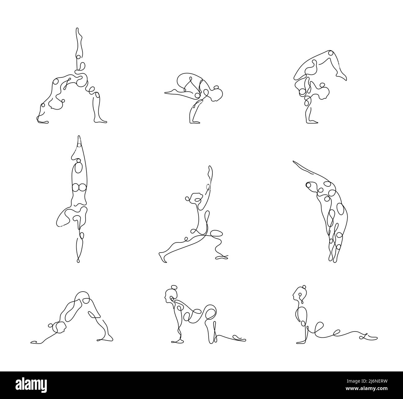 Yoga pose vector set in continuous line art, hand drawing style on the ...