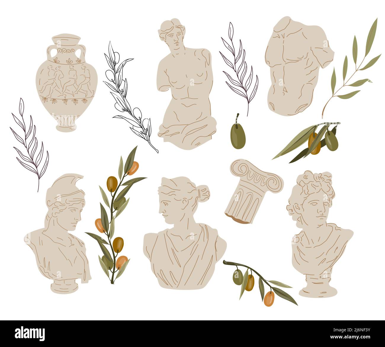 Set of antique marble Greek and Roman sculptures and olive tree ...